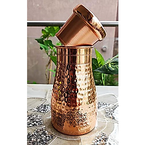 Indian Art Villa Pure Copper Bedroom Water Bottle With Inbuilt Glass & Hammered Shine Design, Drinkware, Storage Purpose, Volume-37 Oz