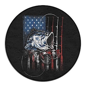 Meaudiwes Round Doormat, Non Slip Vintage Bass Fishing Lure American Flag Area Rugs, Indoor Outdoor Rug, Low-Profile Circle Door Mats for Entry, Garage, Patio, Easy Clean