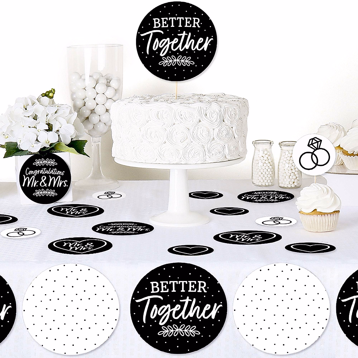 Big Dot of Happiness Mr. and Mrs. - Black and White Wedding or Bridal Shower Giant Circle Confetti - Party Decorations - Large Confetti 27 Count