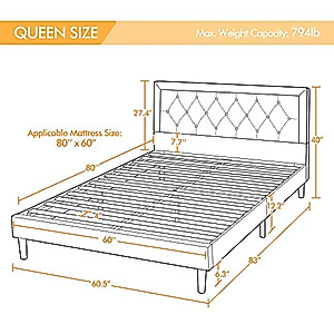 Yaheetech Queen Size Upholstered Bed Frame with Tufted Headboard, Platform Bed Frame with Sturdy Wood Slat Support and Fabric Mattress Foundation, No Box Spring Needed, Dark Grey