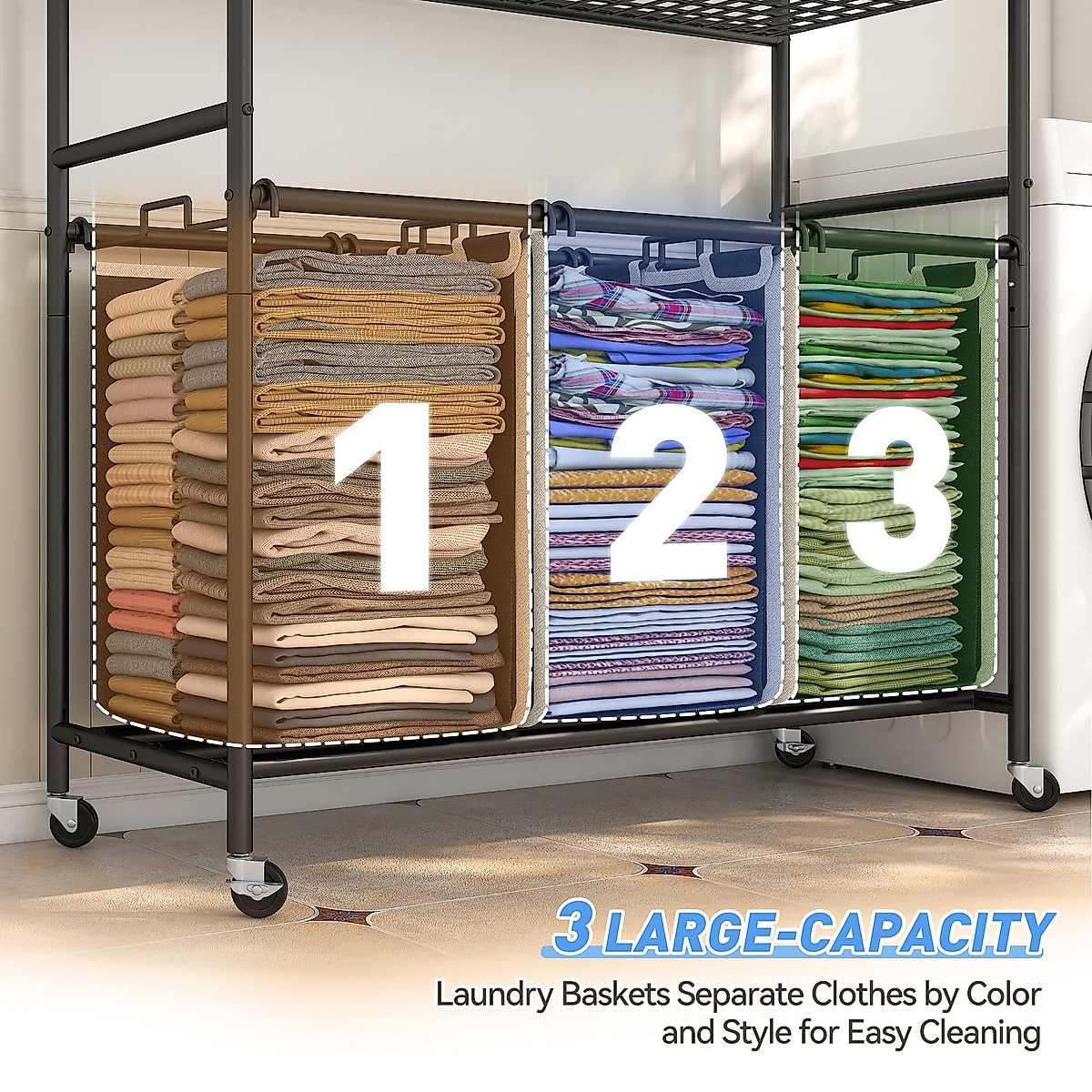 Raybee Laundry Sorter 3 Section Rolling Laundry Hamper Cart with Shelf 145L Large Laundry Basket Organizer 3 Compartment Hampers for Laundry Room Organization Laundry Station with Lockable Wheel,Black