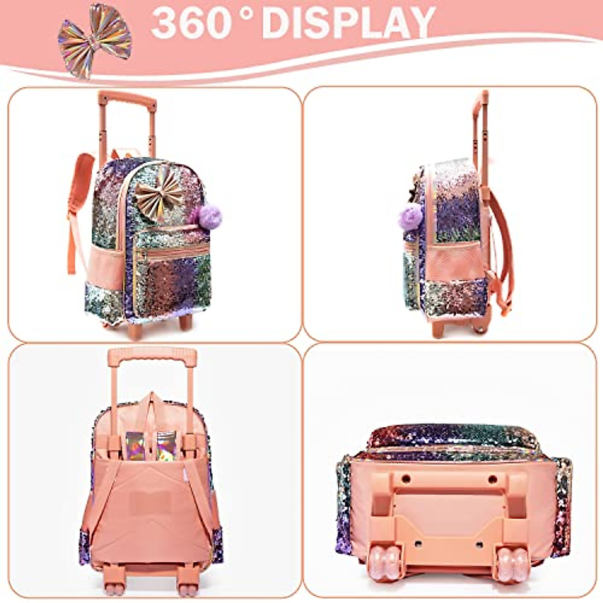 Bowknot Rolling Backpack for Girls Roller Backpacks with Wheels Kids Wheeled Sequin Suitcase Trolley Trip Luggage for Elementary School Student with Lunch Box Pencil Case for Kids 5-12 Years Old