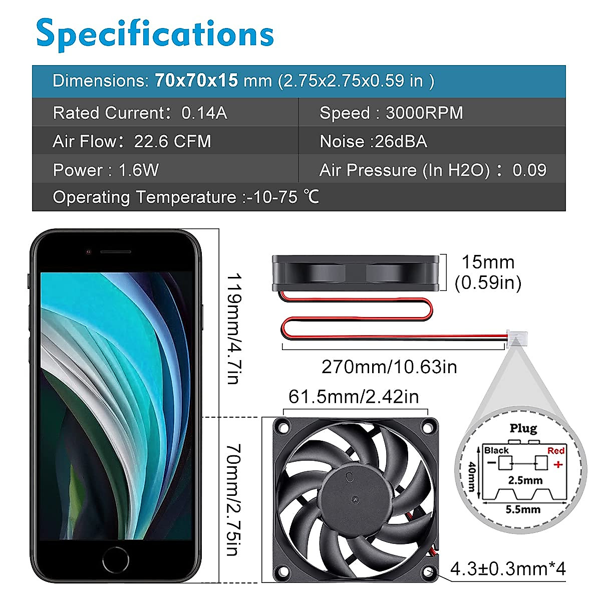 Wathai DC 12V Cooler Case Fan 70mm x 70mm x 15mm 2Pin Brushless Cooling Fan High Performance 2Pack