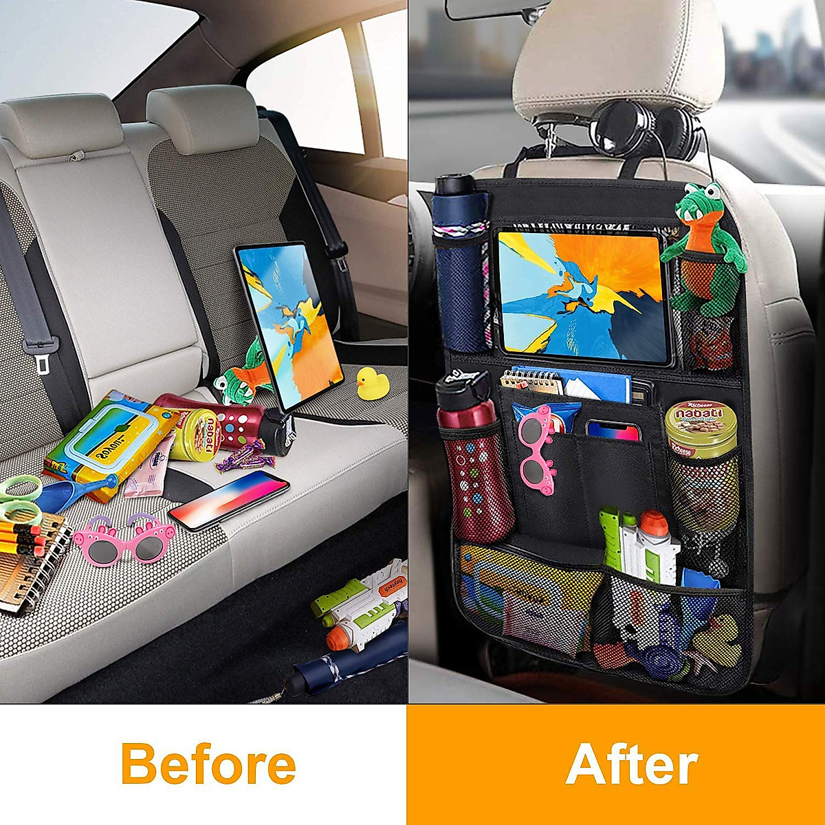 MYKOMI Car Backseat Organizer, Waterproof and Durable Car Seat Organizer Kick Mats, 9 Storage, Tablet Holder, Pockets Car Back Seat Protectors Kick Mats Car Travel Accessories for Kids (2 pack)