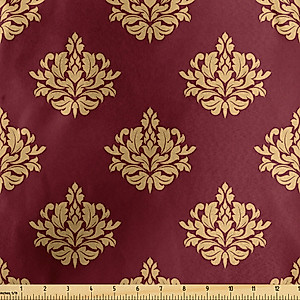 Lunarable Damask Fabric by The Yard, Designs from Orient Folklore Floral Elements Foliage Silhouette Illustration, Decorative Satin Fabric for Home Textiles and Crafts, 1 Yard, Beige and Ruby