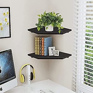 Homode Corner Shelf Wall Mount, Set of 2 Corner Floating Shelves with Wire Hole for TV, Cable Box, Wood Hanging Storage Shelf Organizer for Bathroom Kitchen Living Room Bedroom, Black