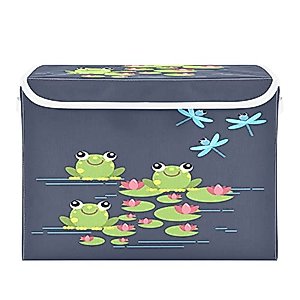 Krafig Cartoon Funny Animal Frog Foldable Storage Box Large Cube Organizer Bins Containers Baskets with Lids Handles for Closet Organization, Shelves, Clothes, Toys