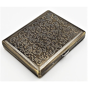 Retro Cigarette Case Victorian Style Metal Holder for Regular, King and 100's Size Credit Card Holder Pocket Security Wallet, Large Antique Brass Boteh Design (Flo-L100AB, Antique Brass)