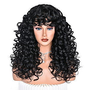 ANNIVIA-X Curly Wigs for Women Black Long Curly Afro Wig with Bangs Big Loose Cute Kinky Curly Hair Synthetic Wig for Daily Use Party Hallowmas Cosplay （Black 17 inch）