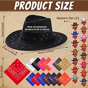 15 Pieces Western Cowboy Hat Cowboy Costume Hat with 15 Pieces Paisley Bandanna Cowgirl Cap Cowgirl Costume Accessories Bulk for Adult Fancy Dress Party Supplies (Retro Style, Multicolor)