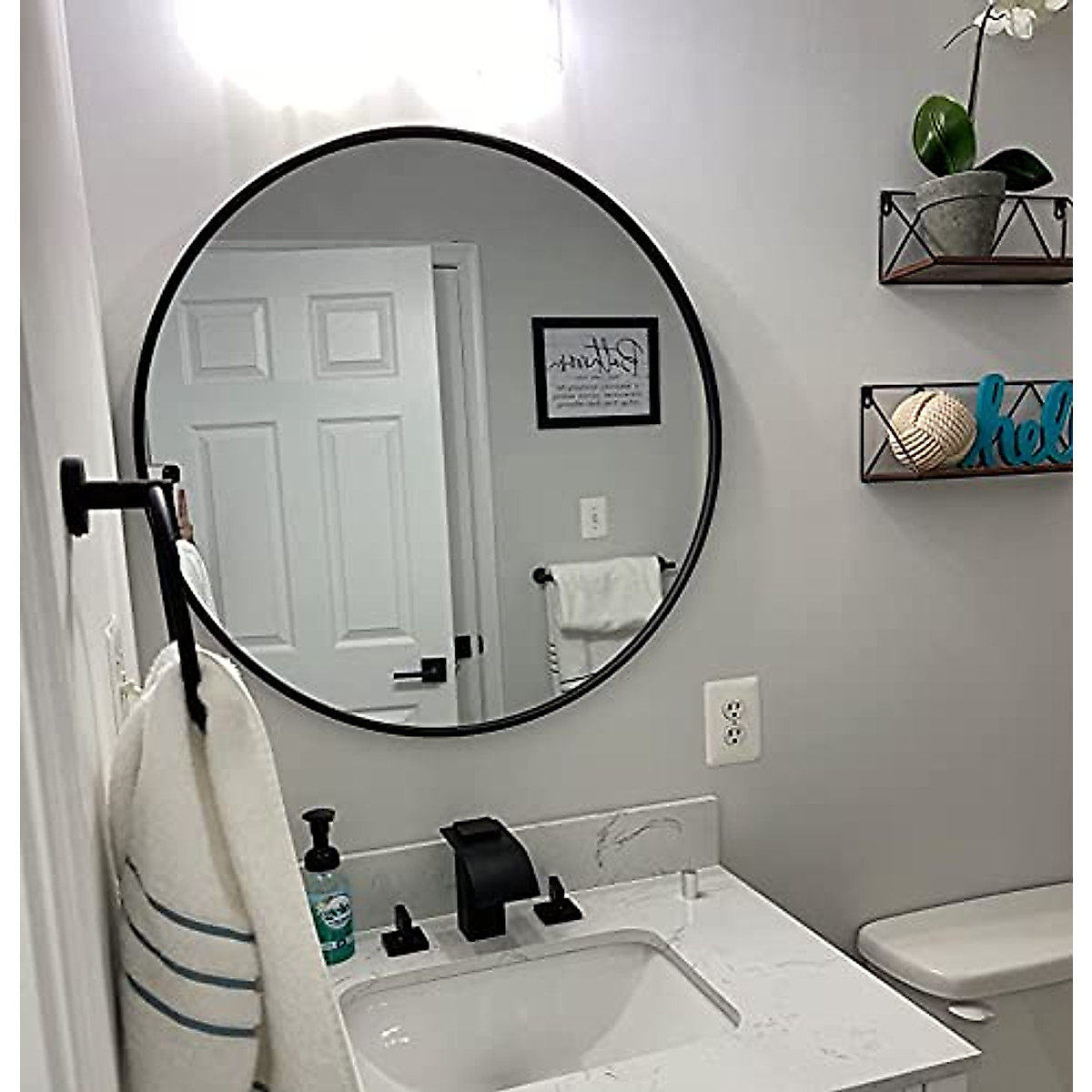 HofferRuffer Round Mirror, Circle Hanging Mirror, Metal Frame Wall Mounted Mirror for Home Bedroom, Bathroom, Washroom, Living Room, Entryways (Black, 27.6)