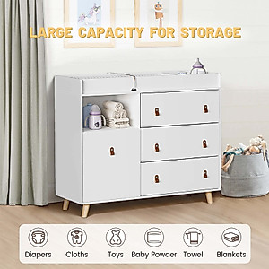 BANIROMAY Baby Changing Table Dresser, Baby Nursery Dresser with Drawers, Hidden Trash Storage, Diaper Changing Table(White + Wood)