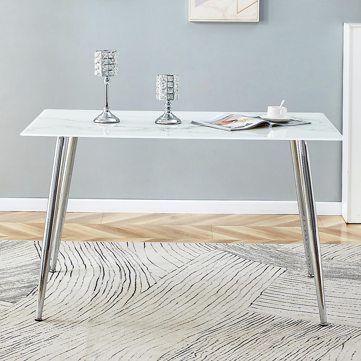 KEVINSPACE Dining Table, 51 Inch Modern Kitchen Table with White Imitation Marble Craft Glass Table Top and Silver Metal Legs, Modern Dining Table for Living Room, Dining Room, Home and Office, White