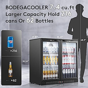 BODEGACOOLER Back Bar Cooler With 2 Glass Doors,Commercial Bar Cooler Under Counter7.4Cu.Ft,Back Bar Fridge, Beverage Bar Refrigerator with LED Lighting for Display Beverage,for Beer,Soda Drinks,Wine