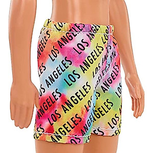 Barbie Ken Beach Doll with Blond Hair Dressed in Colorful Los Angeles-Print Swim Trunks