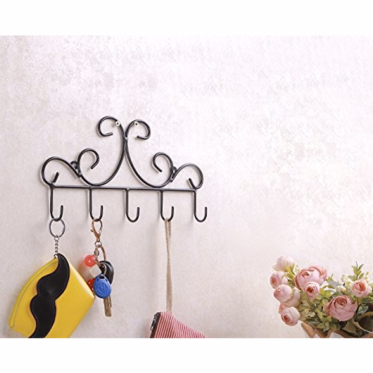 Wall Mounted Metal Hooks/Hangers - Door Hangers/Hooks - Decorative Organizer Rack with 6 Hooks for Keys Clothes Coats Hats Belts Towels Scarves Pots Cups Bags Kitchen Bathroom Garden (Black) (LSYY001)