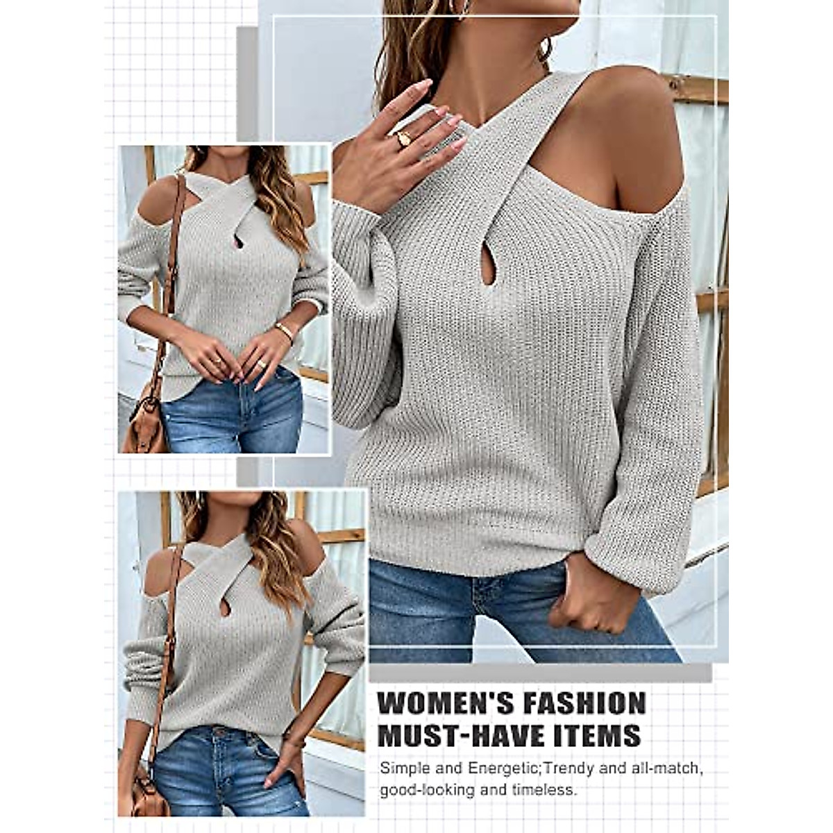 WLLW Womens Cross V Neck Sweaters Cold Shoulder Long Sleeve Casual Knit Pullover Halter Sweaters