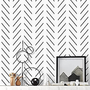 Orainege Black and White Peel and Stick Wallpaper Herringbone Contact Paper for Bathroom 17.7inch x 118.1inch Black Chevron Removable Wall Paper Peel and Stick Modern Geometric Self Adhesive Wallpaper