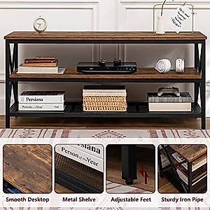 WEENFON Wood TV Stand for 55 Inch TV, 47 Inch Metal TV Table with Adjustable Leg, Unique Rustic Storage Shelve for Living Room, 3-Tiers TV Console for Bedroom, Rustic Brown