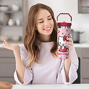 Kitty Tumbler for Adults Water Bottle 30 Oz Tumbler with Handle and Straw Kitty Cups for Kids Pink Coffee Mug Kitty Stuff Cat Insulated Cup Gifts for Girl Women