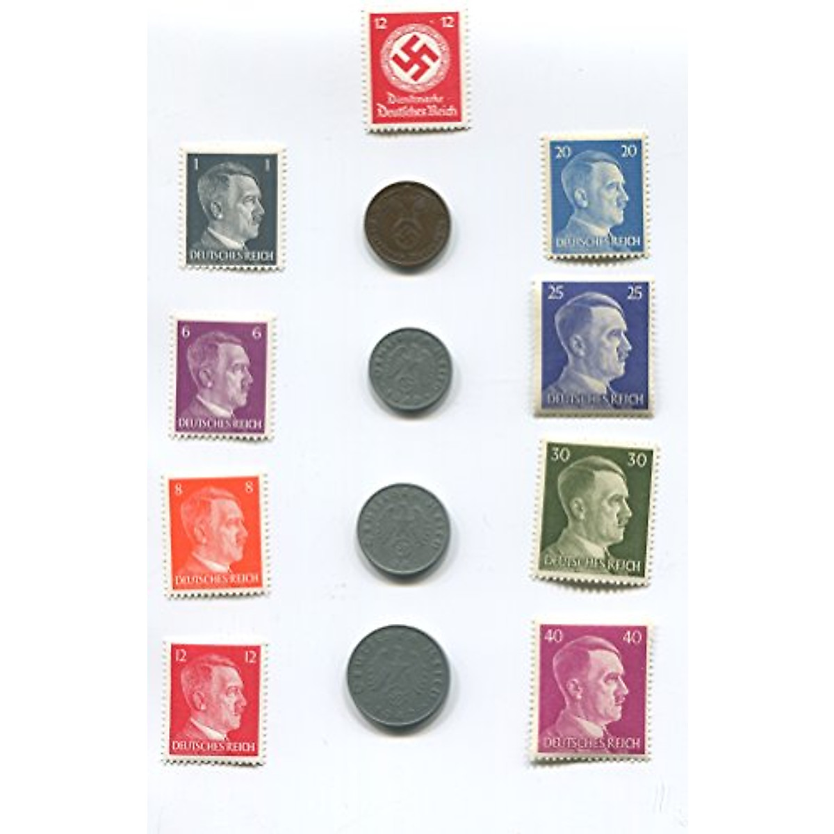 Ultra Premium Plus Nazi World War Two WW2 German Coin Swastika Coins and Hitler Stamp Set/Collection