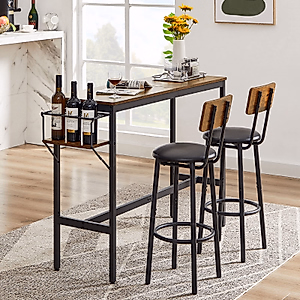 GNIXUU Bar Table and Chair Set for 2, 3-Piece Wooden Pub Dining Set with Folding Wine Rack, Industrial Kitchen Counter Height Table with 2 PU Stools for Breakfast Nook Bistro Small Space(Brown)
