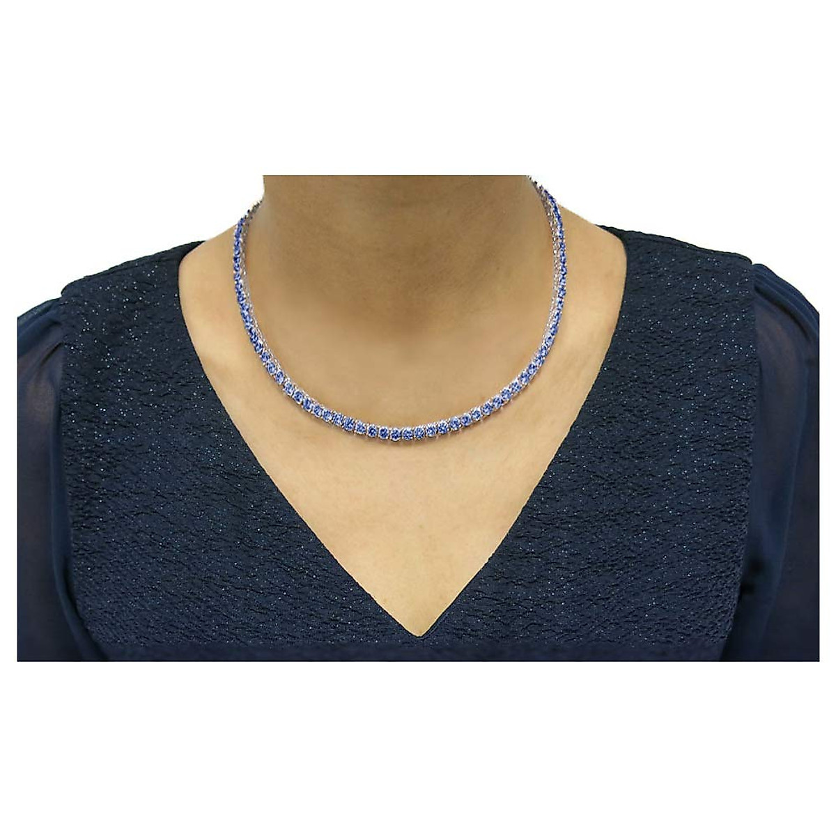 Savlano 18K White Gold Plated Blue Cubic Zirconia Round 4MM Classic Tennis 18 Inches Chain Necklace For Women Comes With a Gift Box