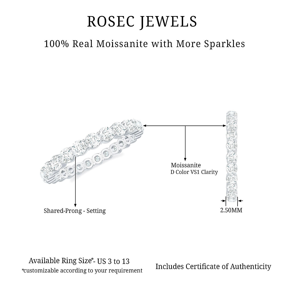 Rosec Jewels Certified Moissanite Eternity Ring, D Color VS1 Clarity, Moissanite Full Eternity Band for Women - Ready To Gift, 14K White Gold, Size:US 8.50