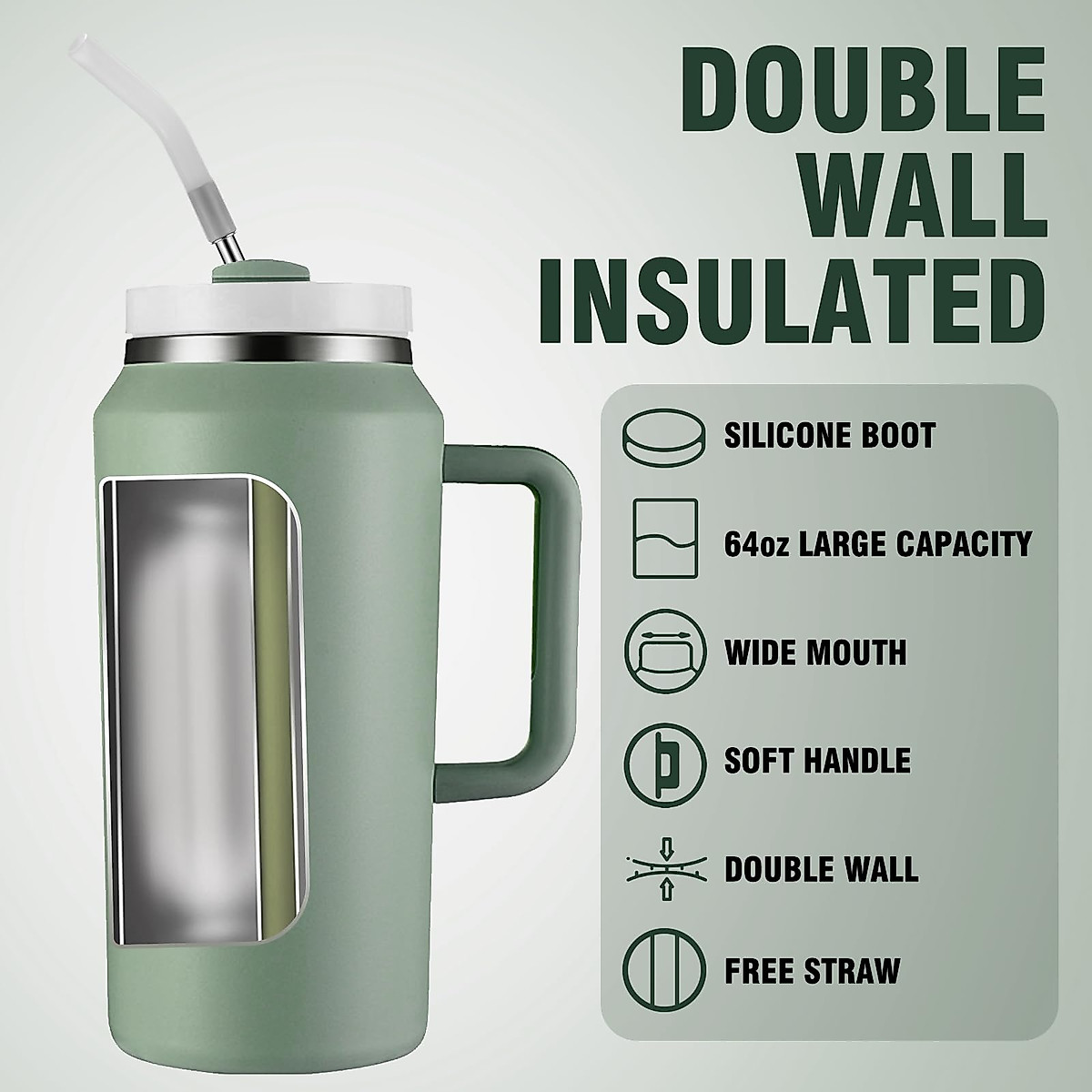 PlanetFlame 64oz Insulated Tumbler with Handle, Stainless Steel Double Wall Vacuumn Water Bottle, Lid and Straw for School, Gym, Hiking & Camping, Green