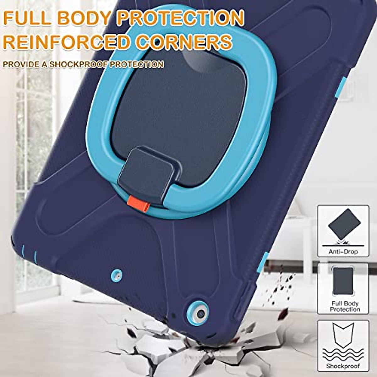 BRAECN for iPad Case 9th/8th/7th Generation,Rugged Kids Friendly Silicon Case with Folding Stand/Handle Grip Pencil Holder Shoulder Strap Screen Protector Pencil Cap Holder for iPad 10.2”-Navy Blue