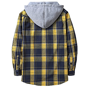 ZITY Men's Flannel Hoodie Shirts Casual Button Down Plaid Shirt Jackets for Men Long Sleeve Stylish Hooded with Pocket Yellow Dark Blue Large