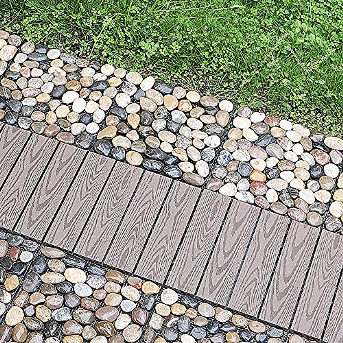 PURE ERA Natural Real Stone Interlocking Floor Deck Tiles Polish Pebble Tile Indoor Outdoor Use 12"x12" (4Pcs, 4 sq. Ft, Polished Mixed Color)- Great Upgrade to Patio Backyard Pathway