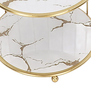 Double Layer Storage Shelf, Glass Bottom Plate Wear Gold Frame Bird Cage Organizer Rack for Bathroom Countertop (White Base Gold Pattern)