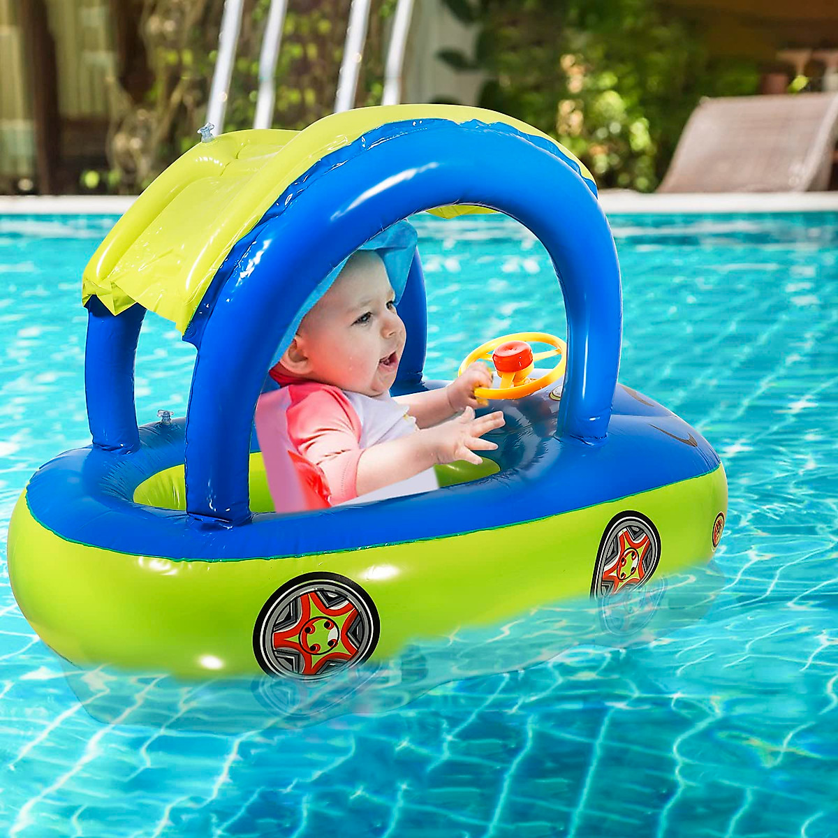 Baby Pool Float with UPF 50+ Canopy,Car Shaped Babies Swim Float Boat for Toddler Infant Swim Ring Pool Spring Floaties Summer Beach Outdoor Play