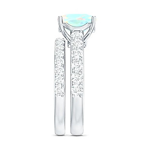 Certified Opal Wedding Ring Set, AAA Quality, Natural 8mm Cushion Cut Opal Engagement Ring with Moissanite Enhancer, 14K White Gold, Size:US 10.00