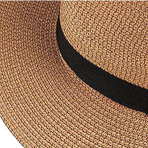 Womens Classic Wide Brim Straw Panama Hat Fedora Summer Beach Sun Hat UPF Straw Hat for Women Khaki