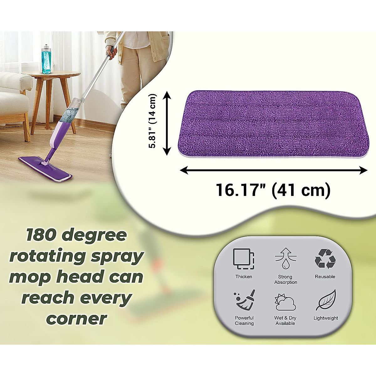 ARSUK Spray Mop Refill Pads Microfiber Replacement Heads Premium Wet/Dry Flat Mop Floor Cleaning Machine Washable Reusable 16 x 5.5 inches ( 3 Pack Purple)