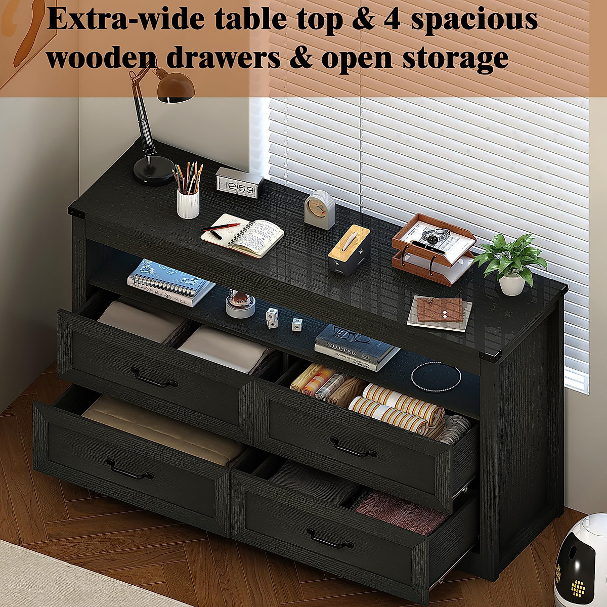 BORNOON 4-Drawer Dresser for Bedroom, Chest of Drawers with Ample Storage, Modern Farmhouse-Style Wooden Dresser for Bedroom, Hallway, Entryway, Closet, Black