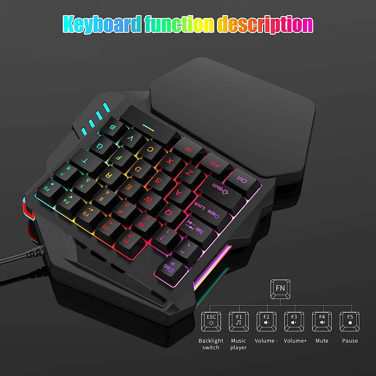 MoModer One Hand Gaming Keyboard and Mouse Combo, 35 Keys Wired Mechanical Feel Rainbow Backlit Gaming Keyboard with Gaming Mouse for PC PS4 Xbox Gamer