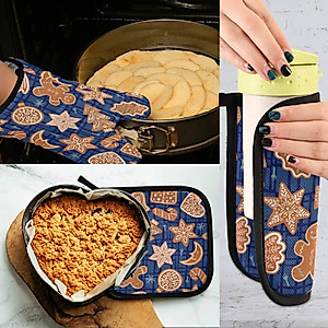 Blueangle Christmas Gingerbread Cookies Oven Mitts and Pot Holders Set, Heat Resistant Kitchen Gloves for Oven Cooking, Grill & BBQ | Cotton Lining Gloves with Hanging Loop