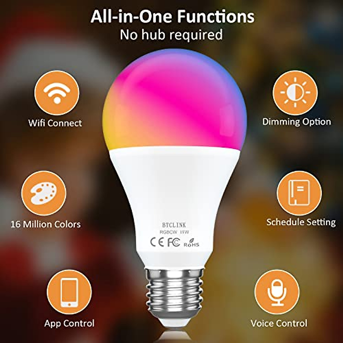 Smart Light Bulb, 15W (150W Equivalent) 1500Lumen Smart Alexa Light Bulb, E26 A19 Ultra Bright Led Color Changing Bulb, 2.4 GHz WiFi Light Bulb Compatiable with Alexa, Google (No Hub Required)
