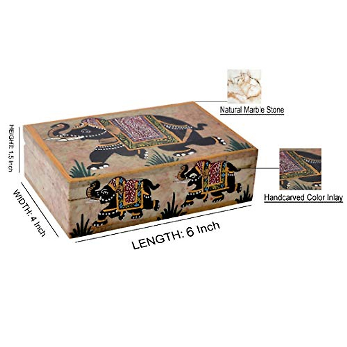 Hashcart® Marble Jewelry Box Small Decorative Trinket Box Keepsake (6x4 inch) Soapstone Handicraft Items - Great Gift for Women - Elephant Design Handpainted Items - Great Gift for Women