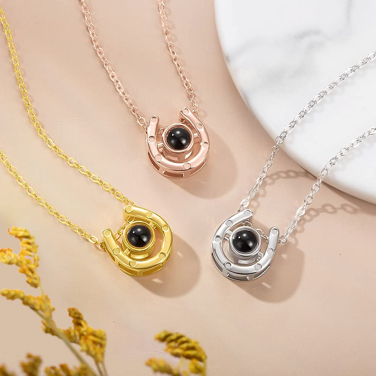 AILIN Custom Horseshoe Necklace For Women Brass/925 Sterling Silver Lucky Personalized Horse Photo Projection Necklace I Love You 100 Languages Memorial Horse Picture Pendant Birthday Chritmas Gifts