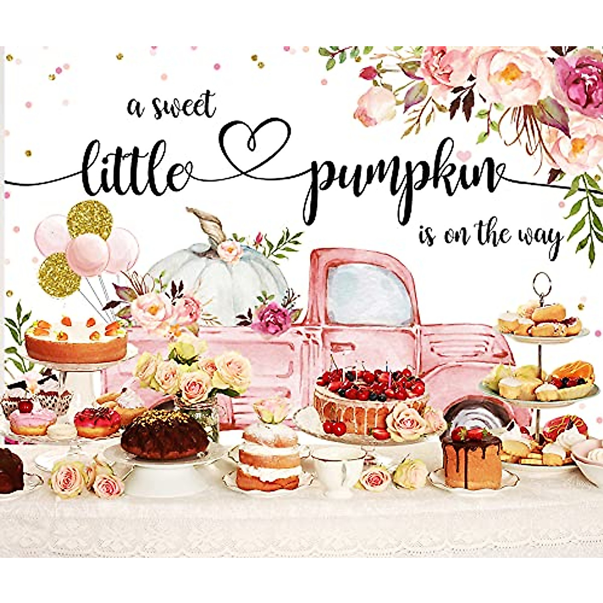 Ticuenicoa 7x5ft A Little Sweet Pumpkin is On The Way Photography Backdrop for Baby Shower Pink Floral Truck It's a Girl Backdrops Fall Autumn Halloween Babyshower Party Decor Gender Reveal Banner