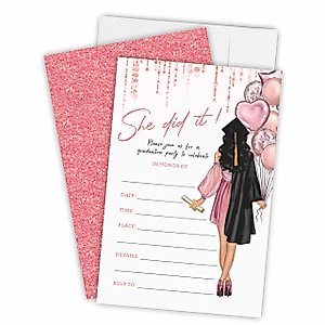 Tabyon Graduation Invitation Cards - Pink Balloons & Grad Girl She Did It - 20 Invites With Envelopes, High School, College, University,Party Favor, Decorations & Supplies-02