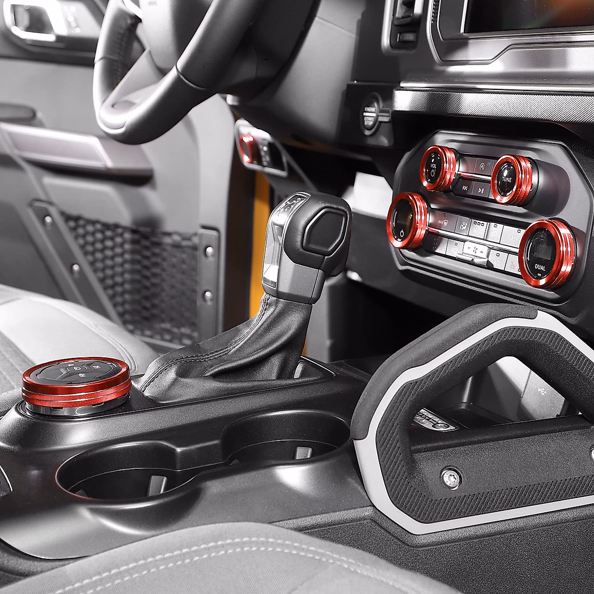 JWWY Air Conditioner Headlight Switch Knob 4WD Wheel Drive Trailer Gear Switch Knob Cover for 2021-2024+ Ford Bronco Accessories Aluminum Alloy 6PCS Red（Don't fit Bronco Sport）