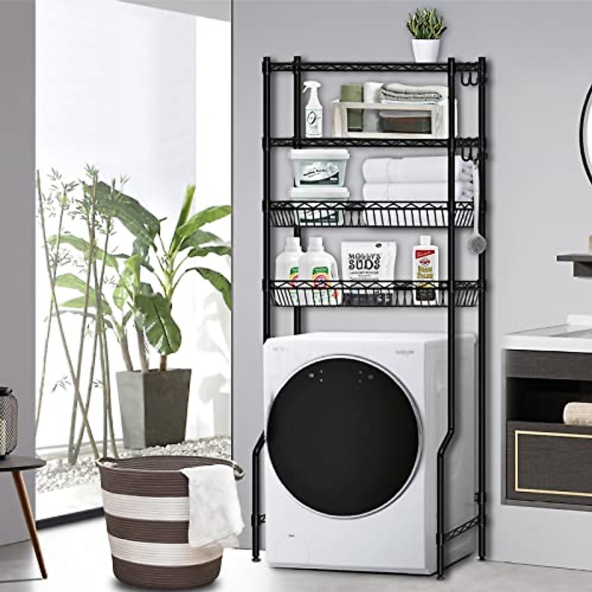 Folews Bathroom Organizer Over The Toilet Storage, 4-Tier Bathroom Shelves Over Toilet Shelf Above Toilet Storage Rack Freestanding Bathroom Space Saver with Adjustable Shelves and Baskets, Black