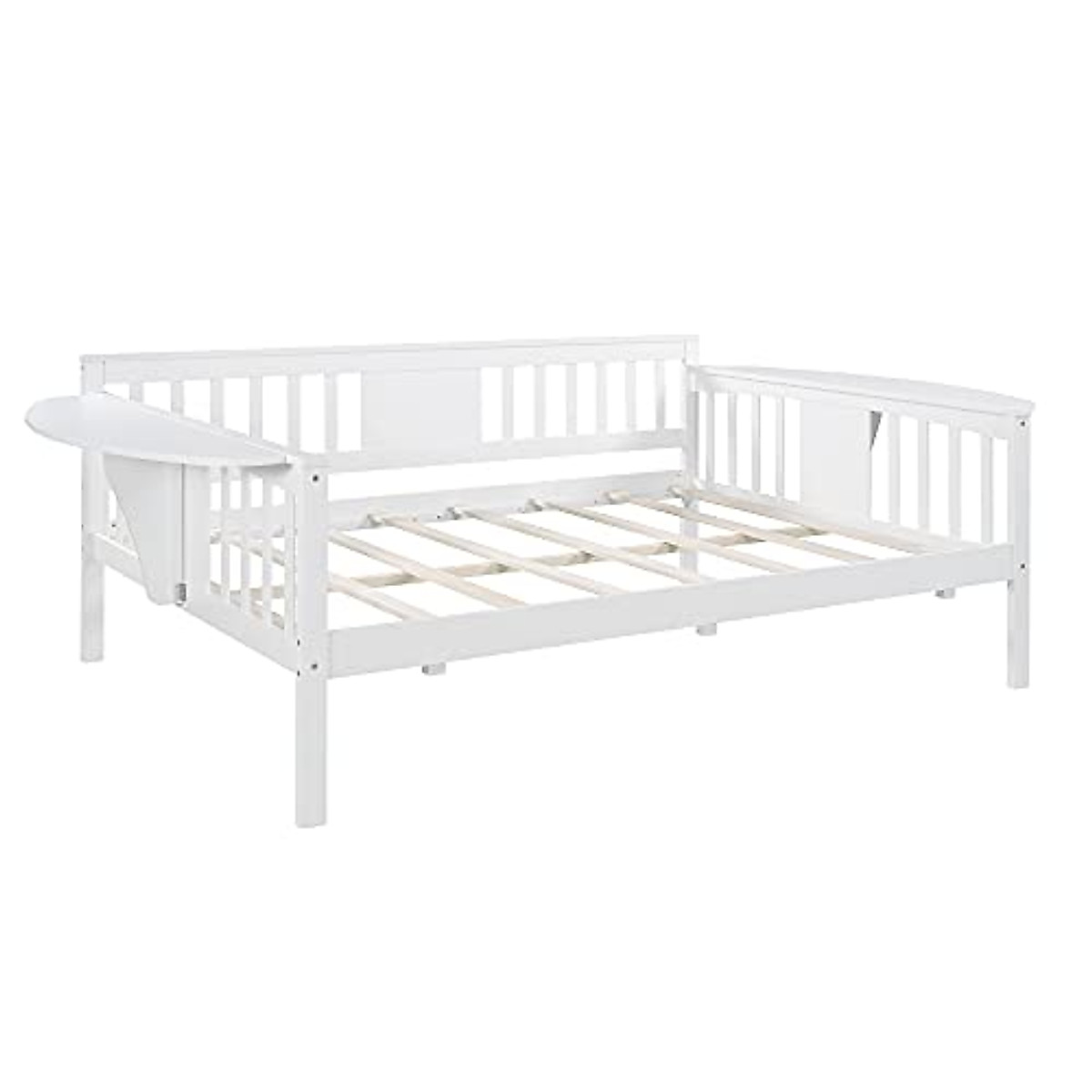 UBGO Full Daybed, Wood Size Sofa Bed with 2 Folding Tables, Children's Cot, Bedroom Living Room Furniture, Wooden Slat Support, Box Required, White C