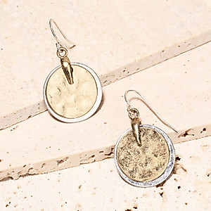 Gold & Silver Small Dangle Earrings for Women, Mixed Metal & Shell Inside, Circle & Teardrop Shape, Hammered Drop Earrings, Perfect Jewelry for Gifts