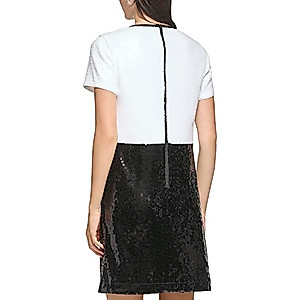 Karl Lagerfeld Paris Women's Stretch Sequin Color Block Sheath Dress, Black Soft White, Large